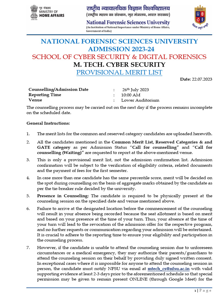 M. Tech. Cyber Security Provisional Merit List 2023-24 - 220723 | PDF