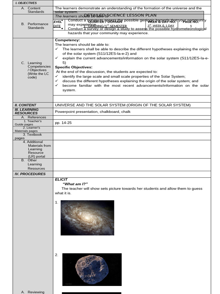 2g11 Universe and Solar System | PDF | Lesson Plan | Human Communication
