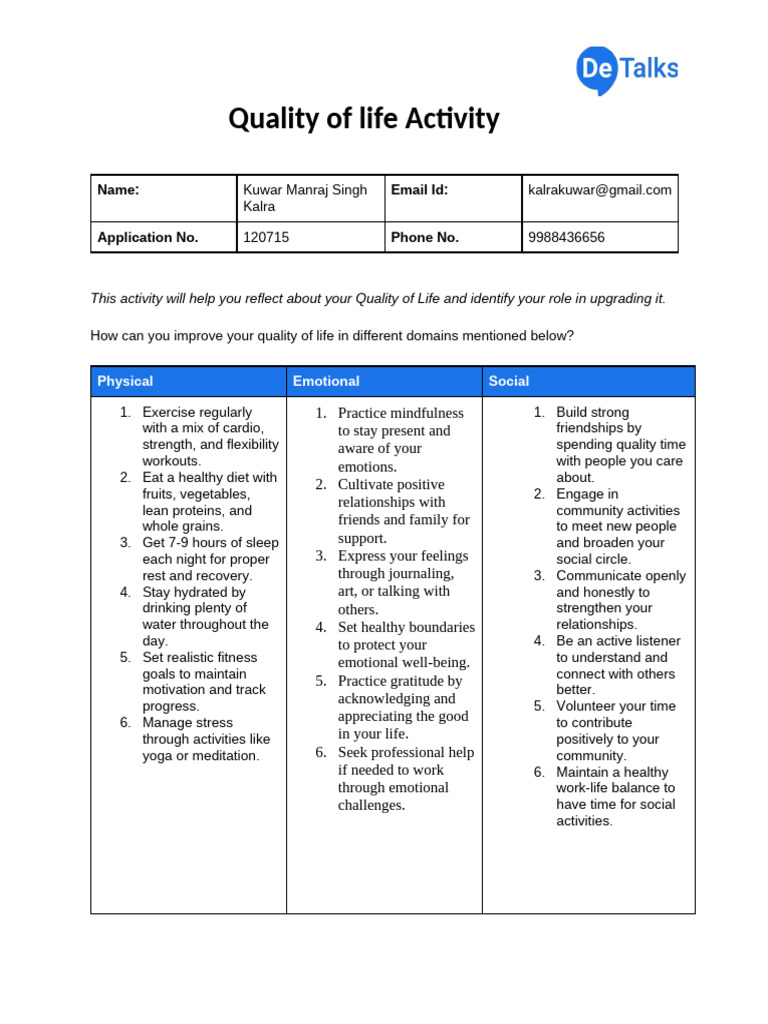 Quality of Life Activity | PDF