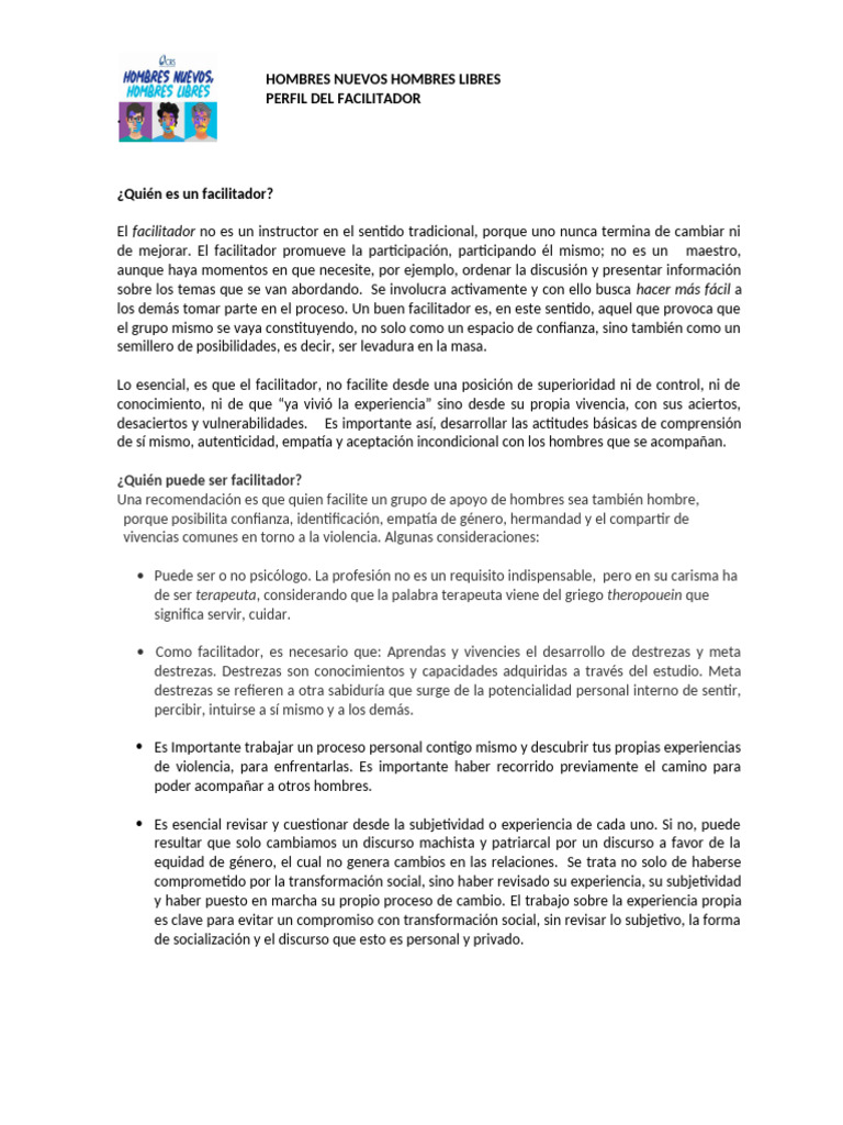 Perfil Del Facilitador Hombres Nuevos Hombres Libres | PDF