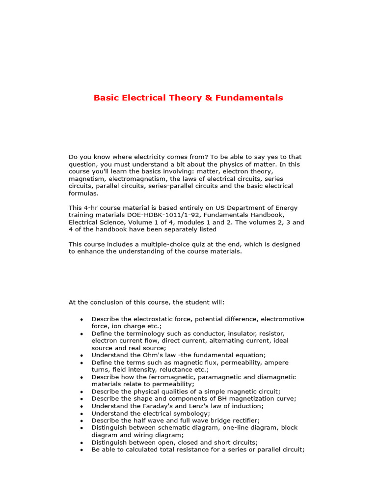 Electrical Fundamentals Outline | PDF