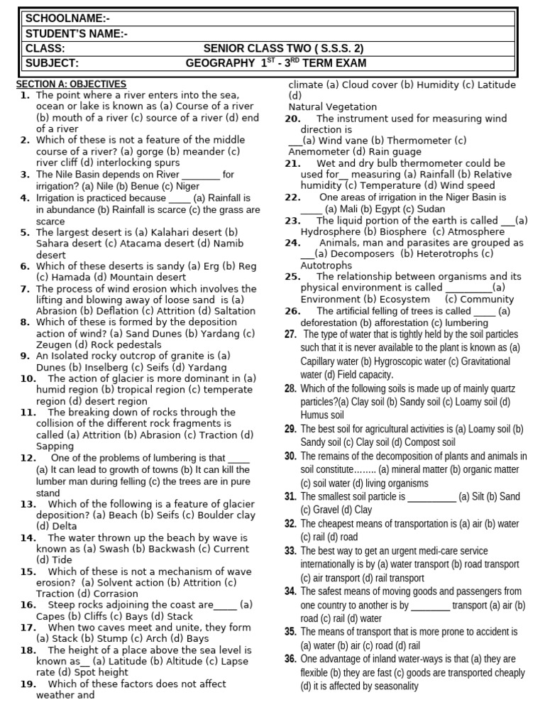 SS2 Geography Third Term Exam Questions | PDF | Desert | Earth Sciences