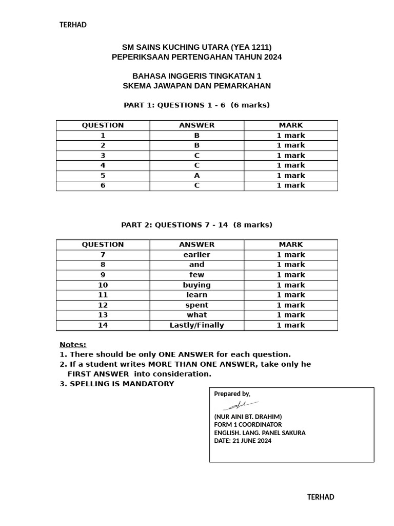 2024 English Form 1 Skema Jawapan Pdf
