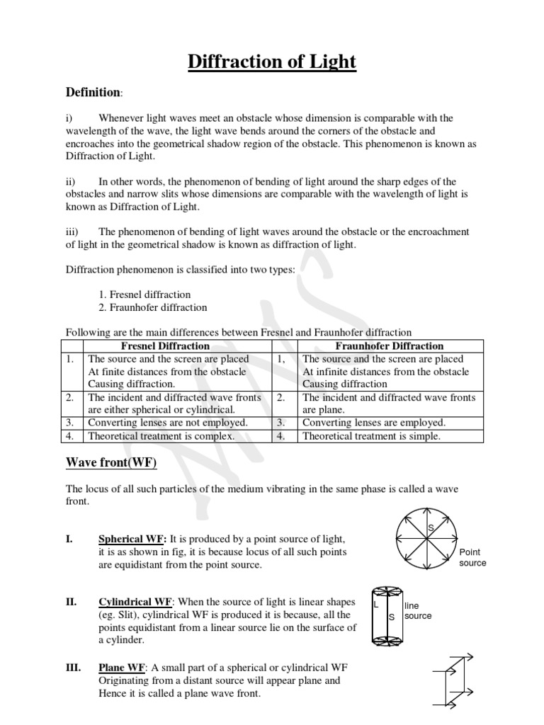 Diffraction of Light: Fresnel Diffraction Fraunhofer Diffraction | PDF | Diffraction | Angular ...