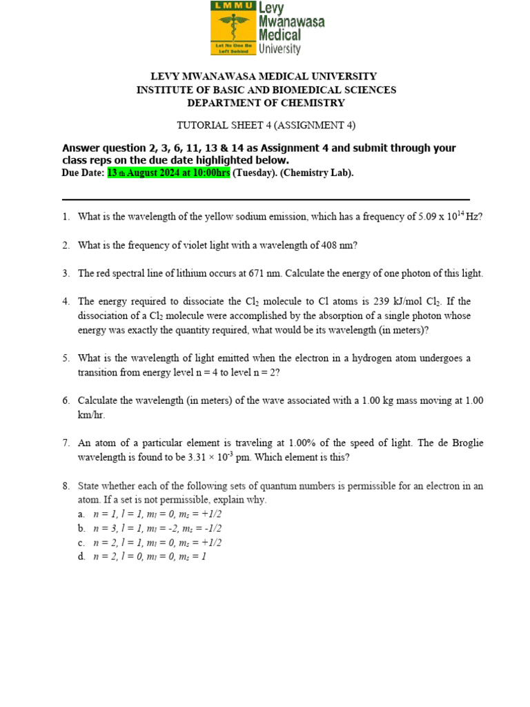 CHM 101 Tutorial Sheet 4 (Assignment 4) | PDF | Atomic Orbital | Atoms