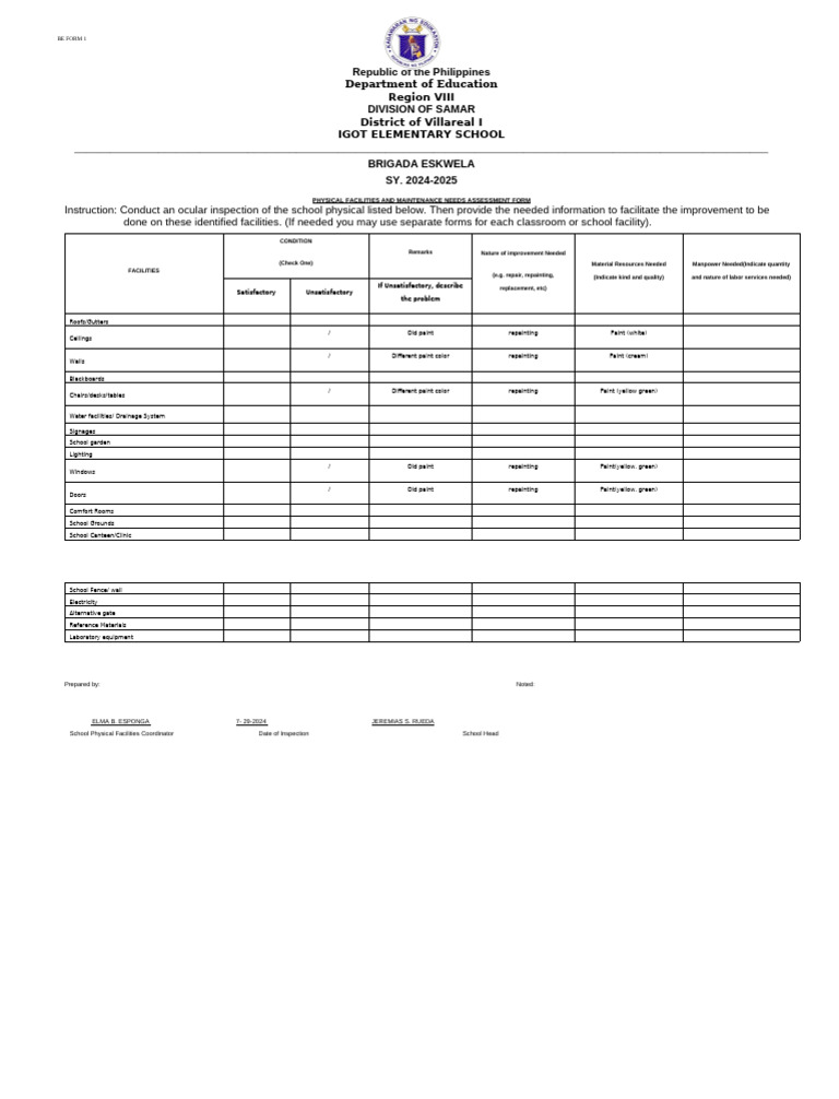 Brigada Eskwela Form 1 | PDF