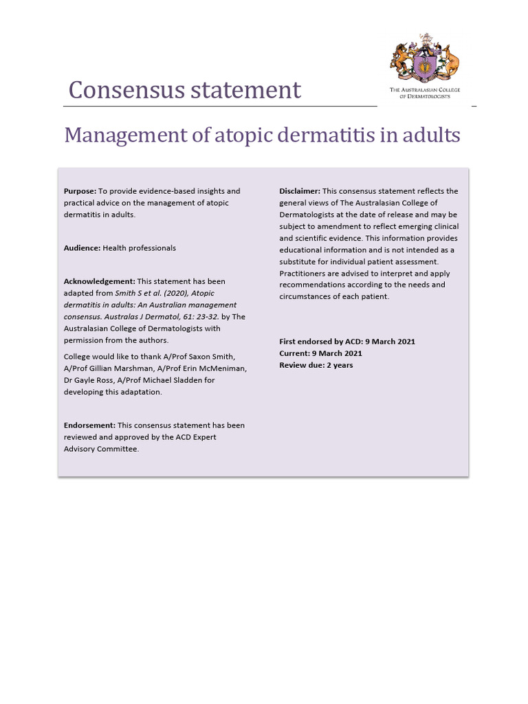 ACD Consensus Statement Management of Atopic Dermatitis in Adults March ...