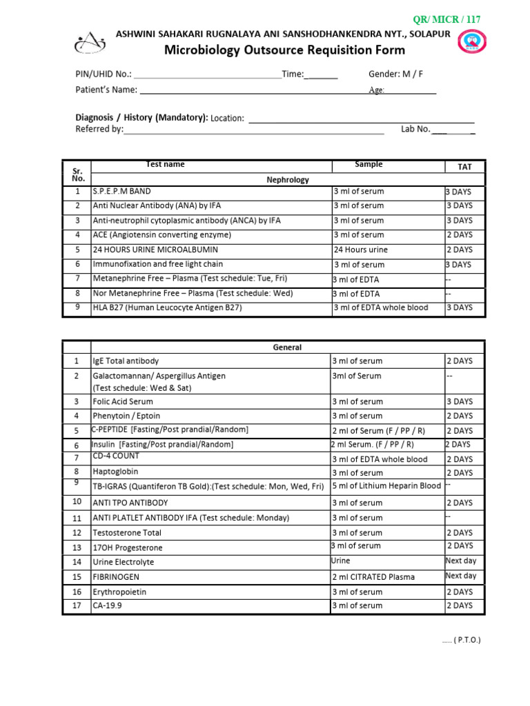 Microbiology Outsource Requisition Form | PDF | Blood Plasma | Cooking ...