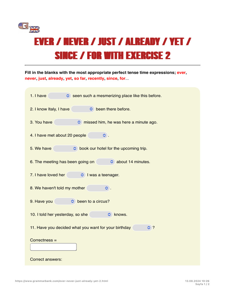 Ever - Never - Just - Already - Yet Exercise 2 - GrammarBank | PDF