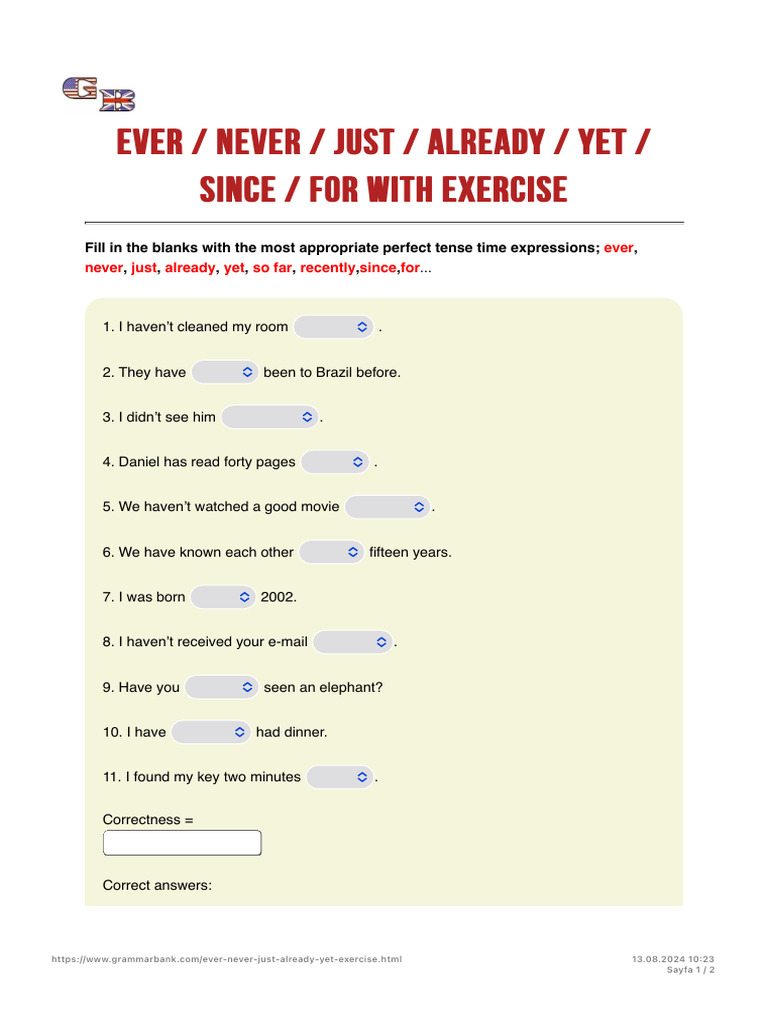 Ever & Never & Just & Already & Yet & For & Since Exercise - GrammarBank | PDF