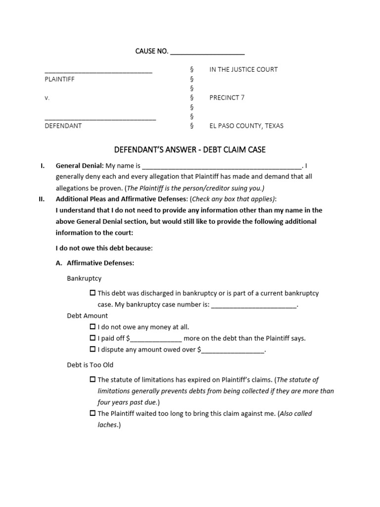 Defendants Answer- Debt Claim | PDF