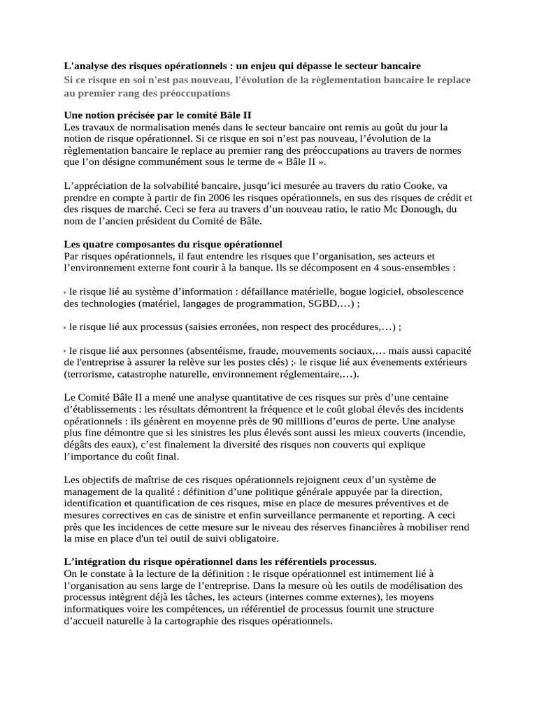 L'analyse Des Risques Op+®rationnels | PDF