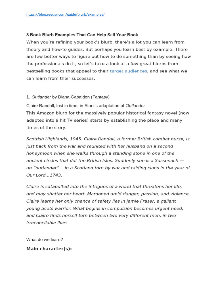 Blurbs - 8 Examples | PDF