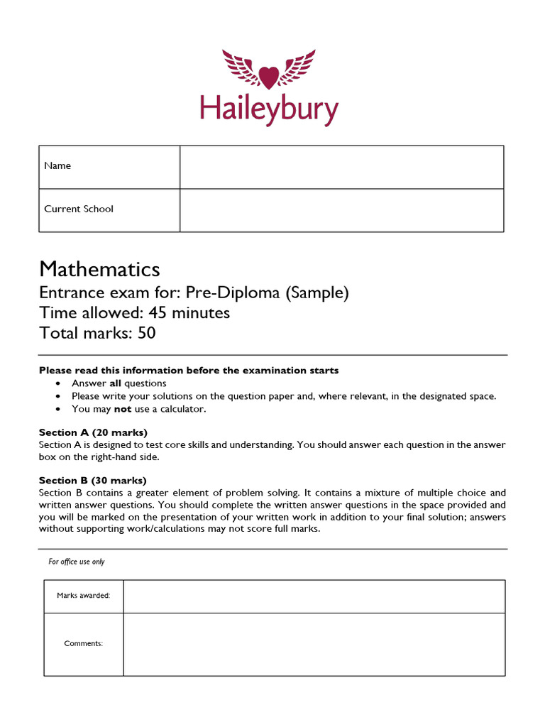 Pre Diploma Maths Sample | PDF | Multiple Choice | Teaching Methods ...