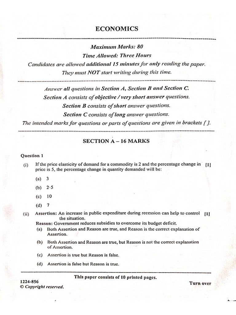 ISC ECONOMICS 2024 Paper | PDF
