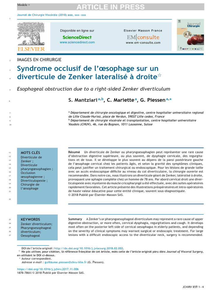 Syndrome Occlusif de L'œsophage Sur Un Diverticule de Zenker Lateralisé ...