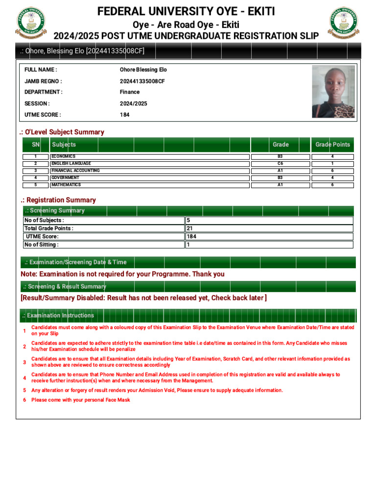 Ohore Blessing Elo - Registration Slip | PDF