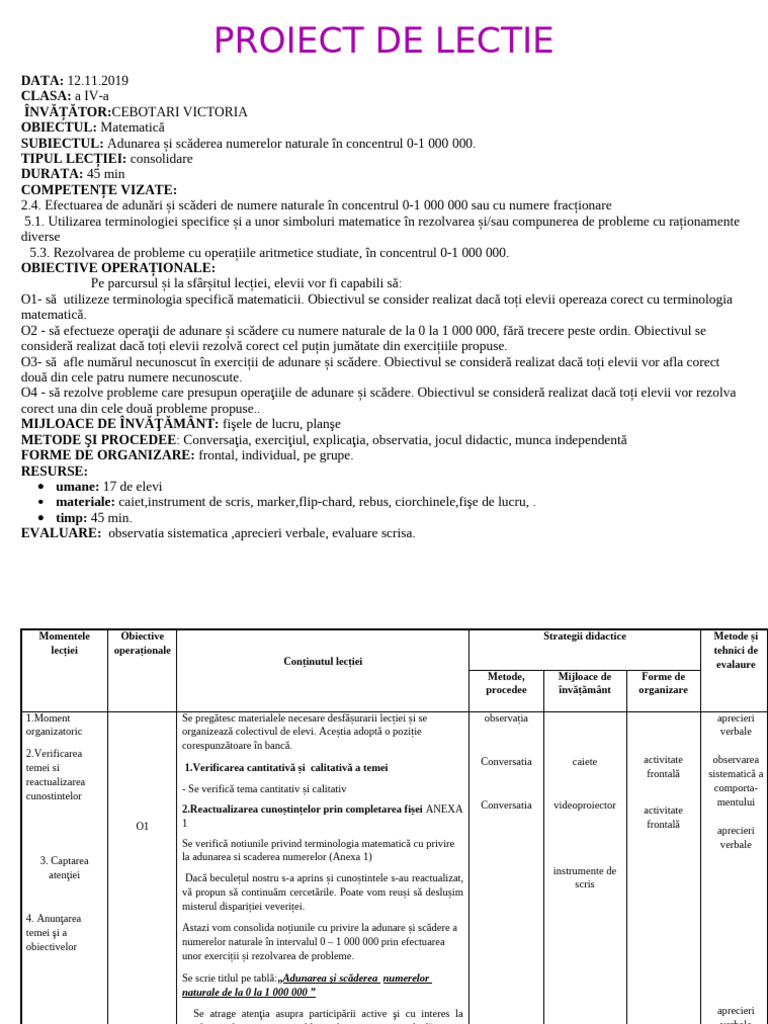 4 Proiect de Lectie Matematica | PDF