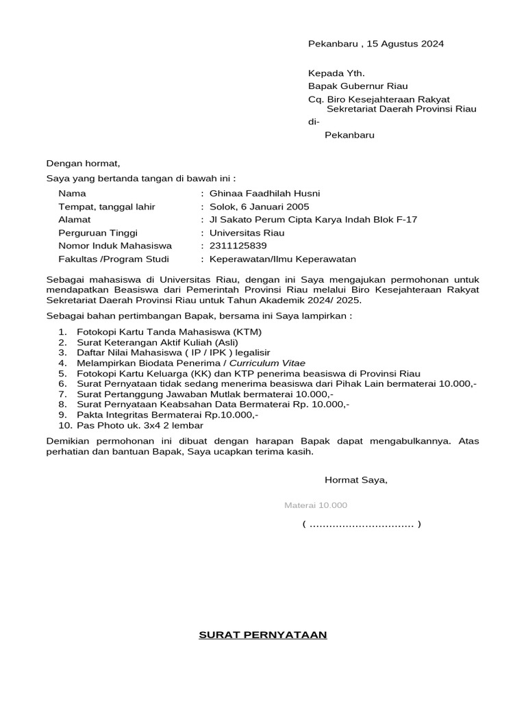 Lampiran Beasiswa Pemprov Riau Tahun 2024 (Ghinaa Faadhilah Husni) | PDF