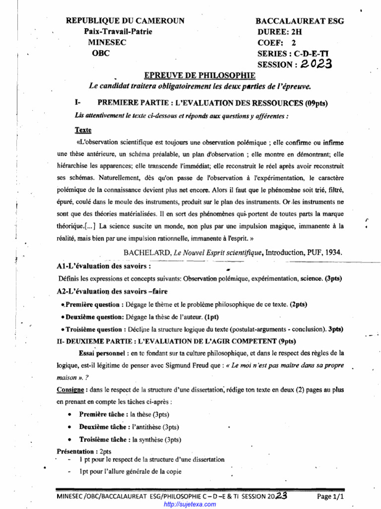 Epreuve Bac 2023 Philosophie - Baccalaureat Serie C - D-E-Ti Cameroun | PDF