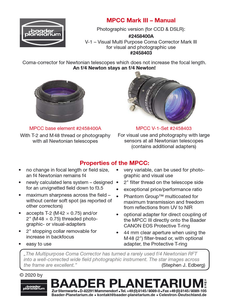 Baader coma-corrector-EN - v1-mpcc - 1120 - LR | PDF | Digital Single Lens Reflex Camera ...