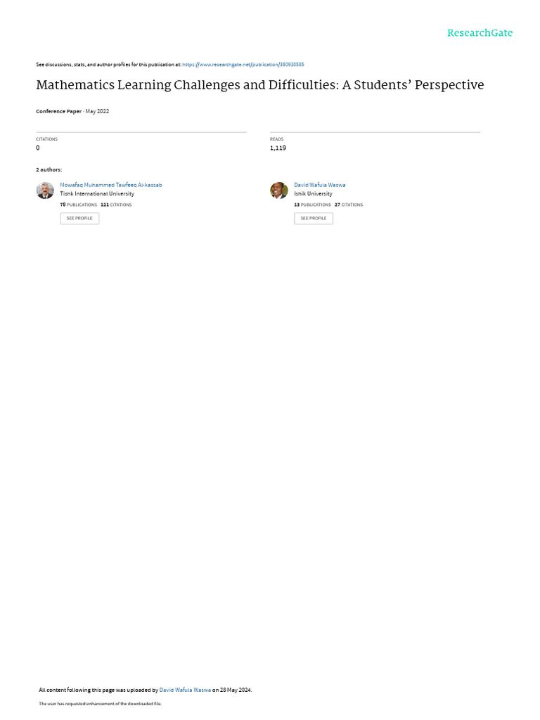 Mathematics Learning Challenges and Difficulties: A Students ...