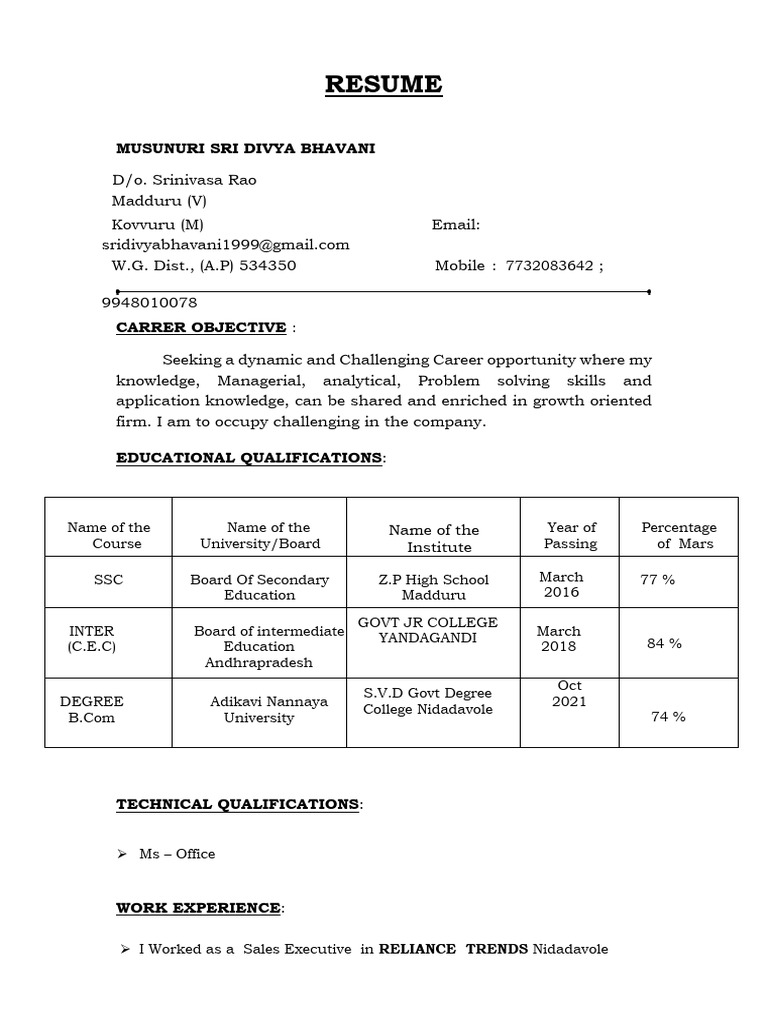 Divya Resume Ofter Trends Pdf