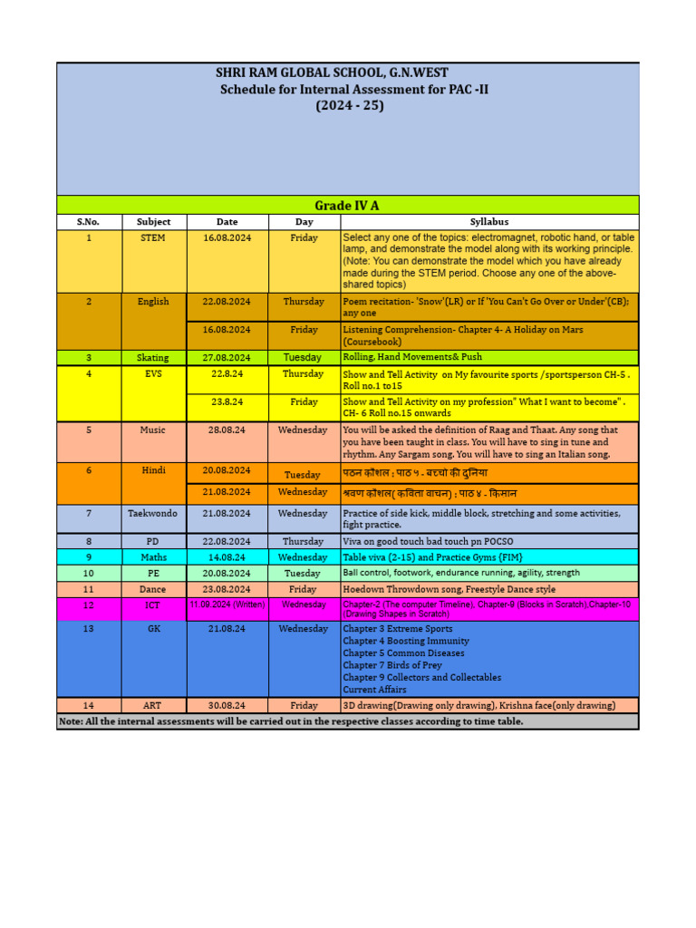 Grade 4A Internal Assessment Schedule | PDF