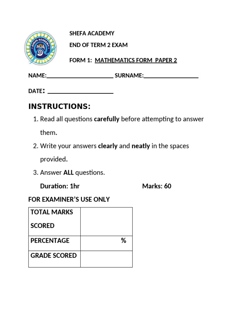 Mathematics Form One Mid Year | PDF