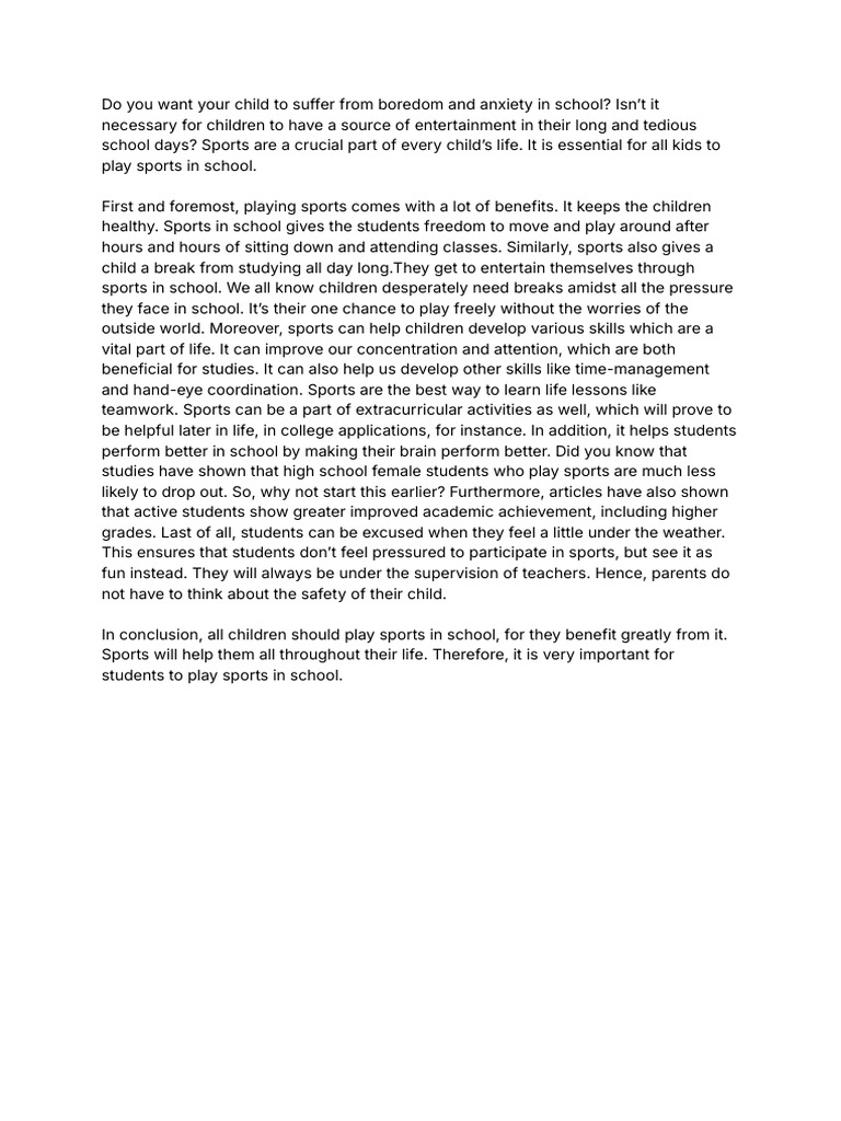 Persuasive Writing - Kids Should Play Sports in School | PDF