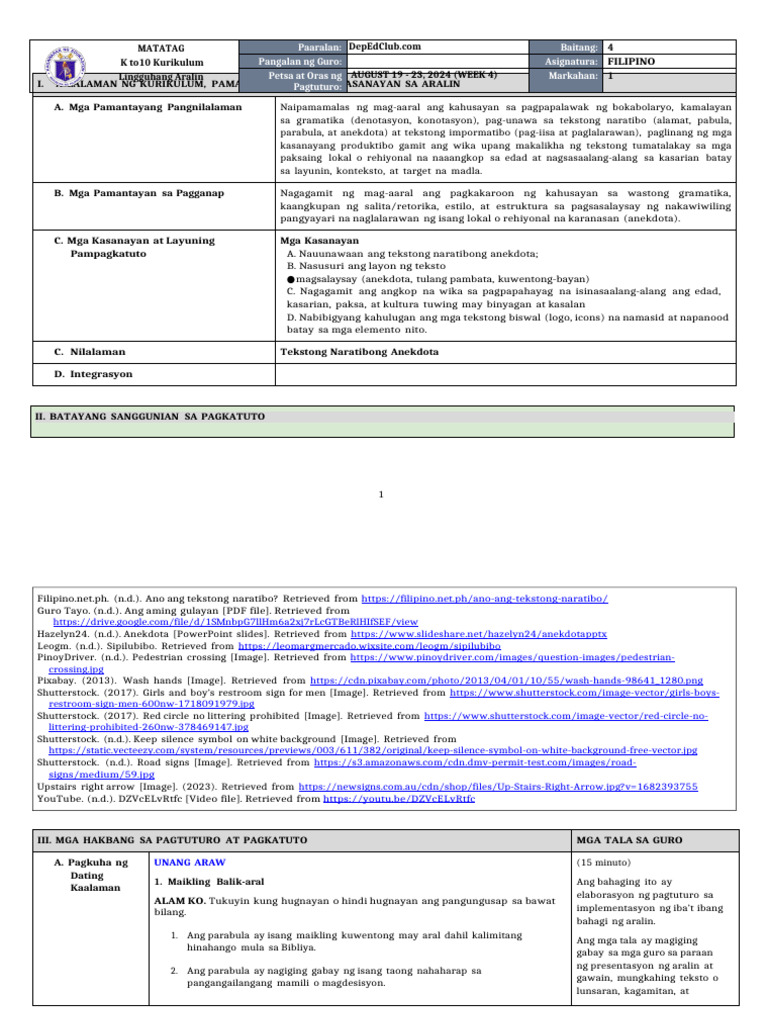 DLL Matatag - Filipino 4 Q1 W4 | PDF