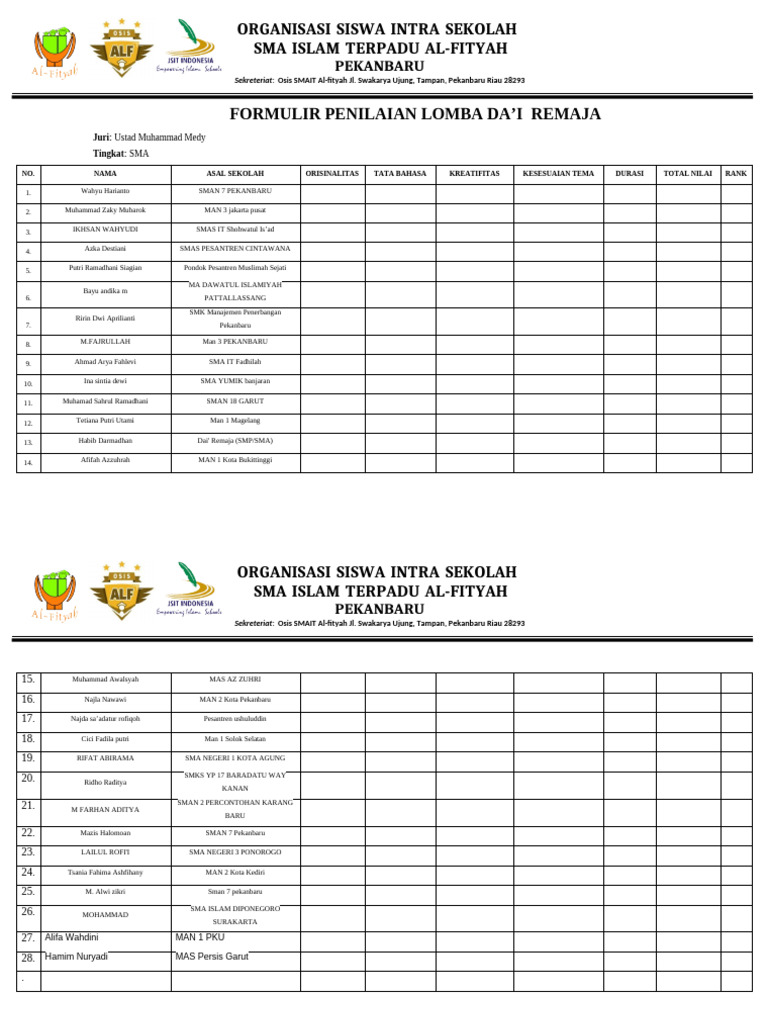 Data Peserta & Form Penilaian DR SMA | PDF