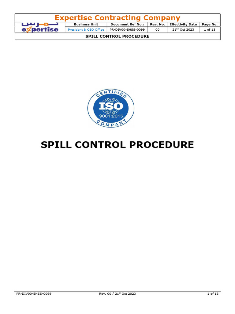 PR-DIV00-EHSS-0099 Spill Control Procedure | PDF