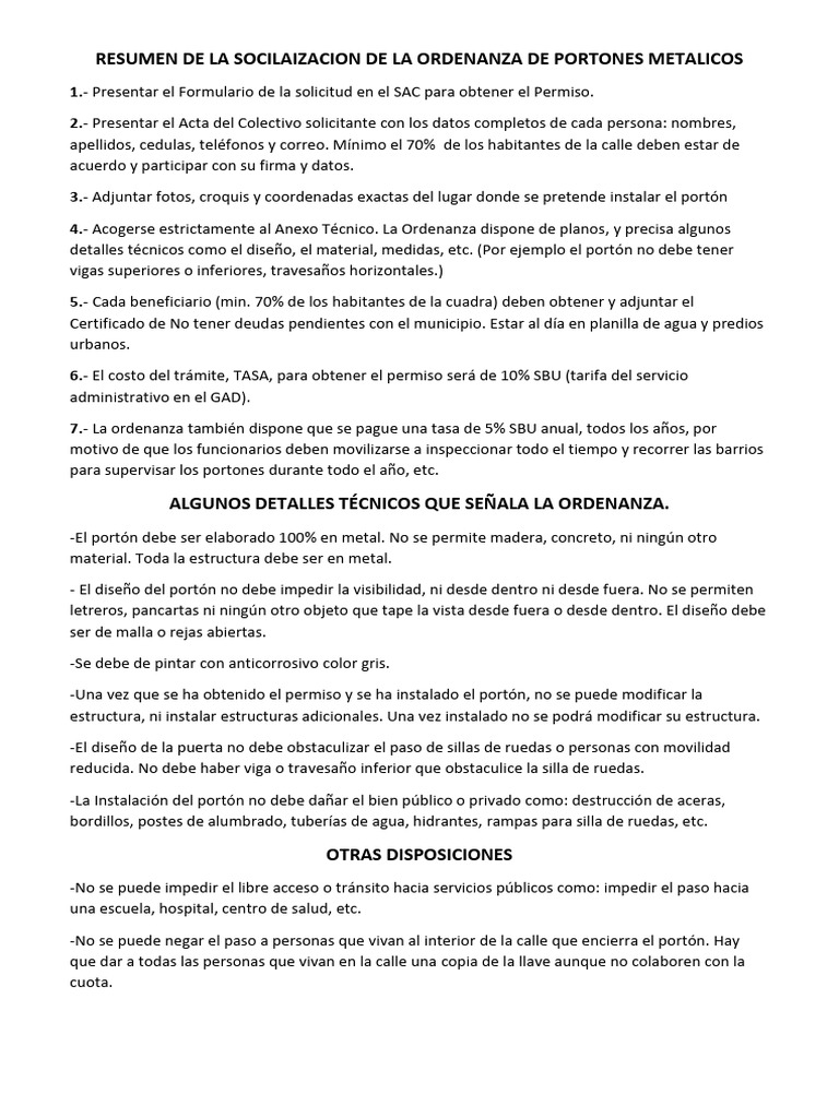 RESUMEN ORDENANZA DE PORTONES METALICOS PDF