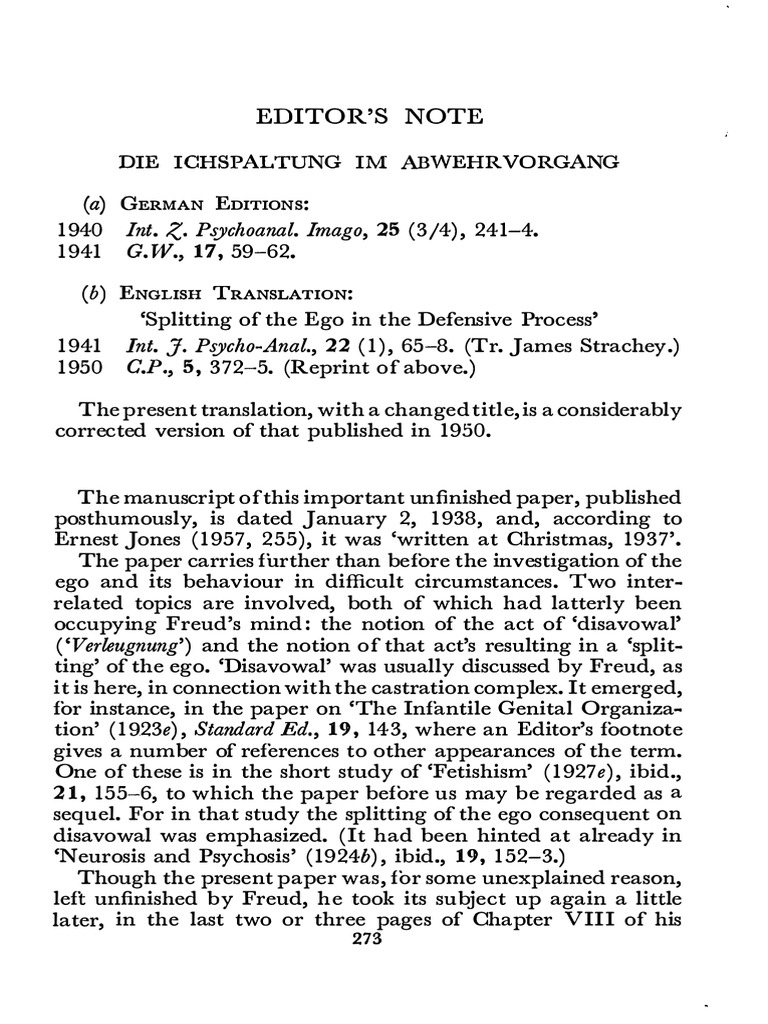 Freud - Splitting of The Ego in The Process of Defence (SE XXIII) | PDF