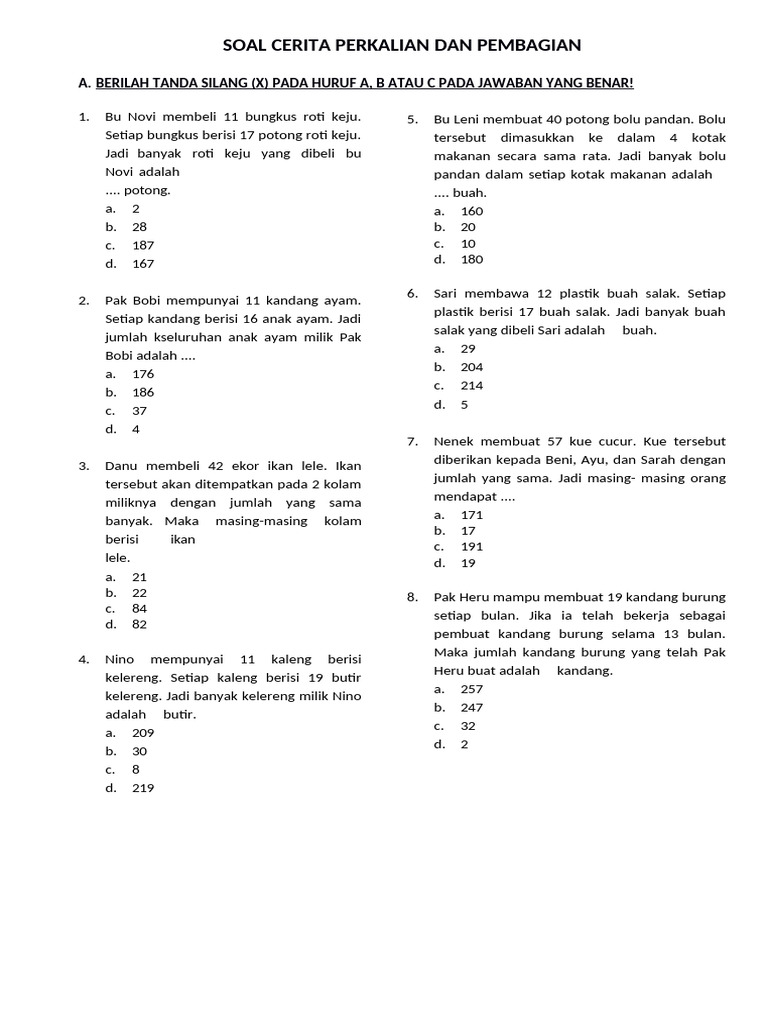 Soal Cerita Perkalian Pembagian Kelas 3 SD | PDF