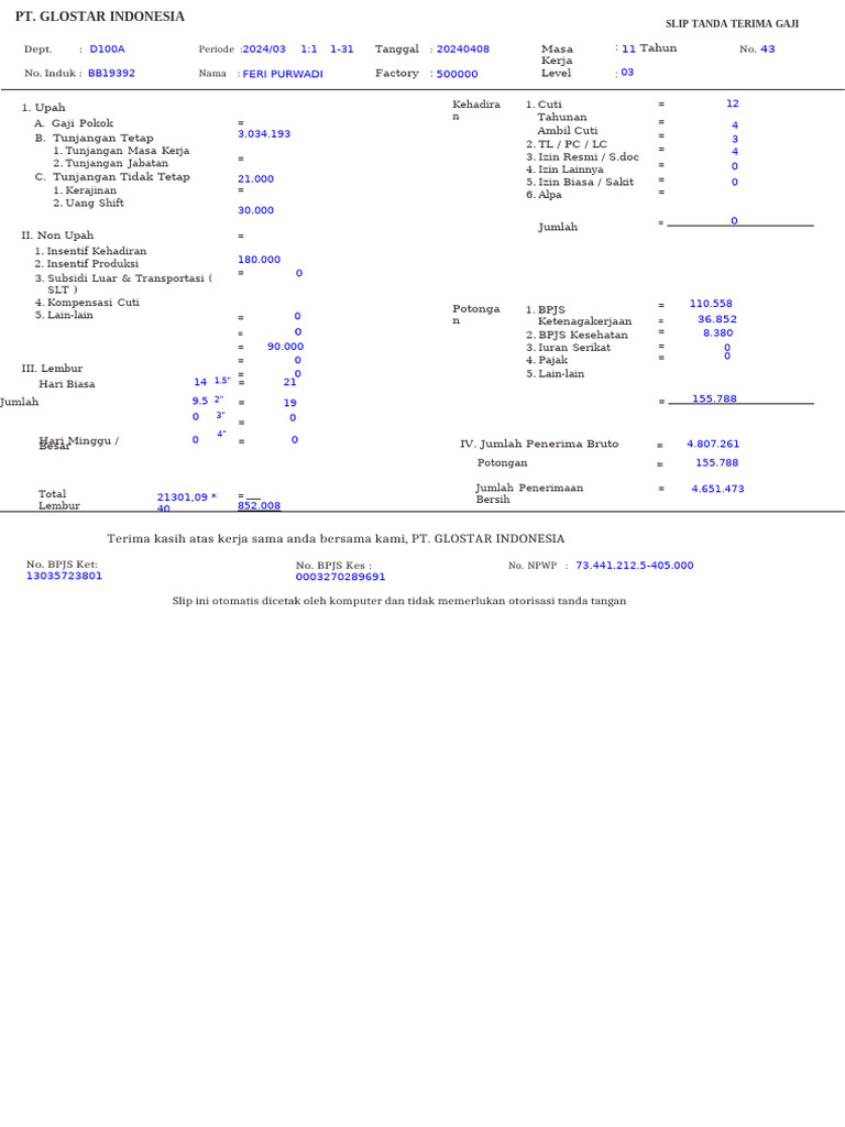 Slip Gaji FERI PURWADI GSI | PDF