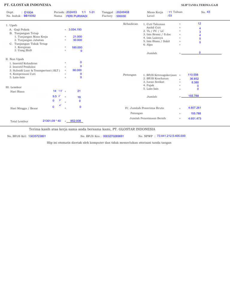 Slip Gaji Feri Purwadi Gsi | PDF