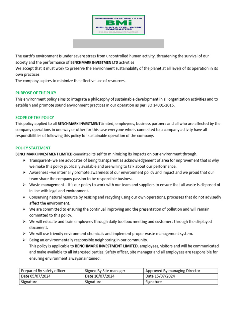 Environment Policy For BENCHMARK 2024 | PDF