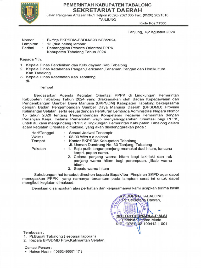 Surat Pemanggilan Peserta Orientasi PPPK | PDF
