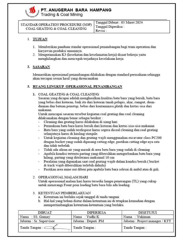 SOP Coal Getting & Cleaning | PDF