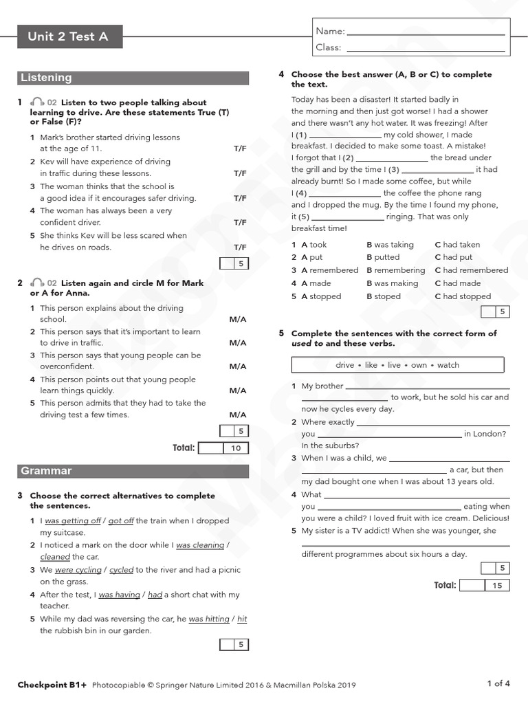 Checkpoint B1+ Unit 2 Test A | PDF