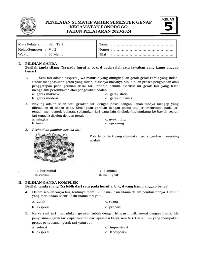 Soal Sas Semester Genap Seni Tari Kelas 5 2023 - 2024 | PDF Soal Sas Semester Genap Seni Tari Kelas 5 2023 - 2024 | PDF