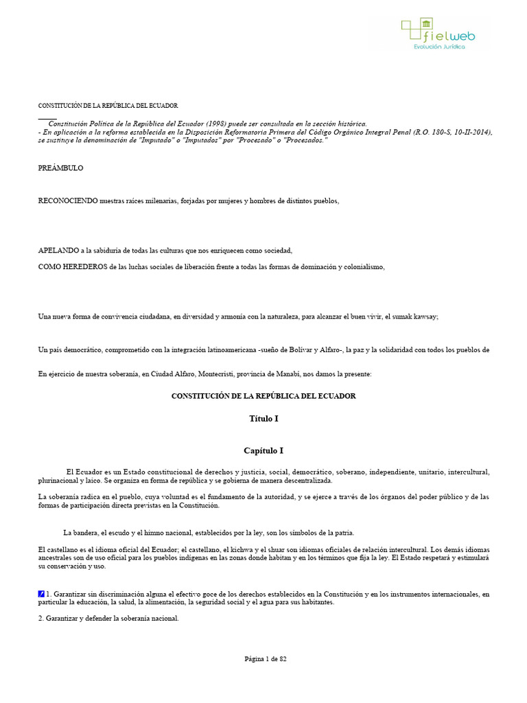 Constitucion de La Republica Del Ecuador | PDF