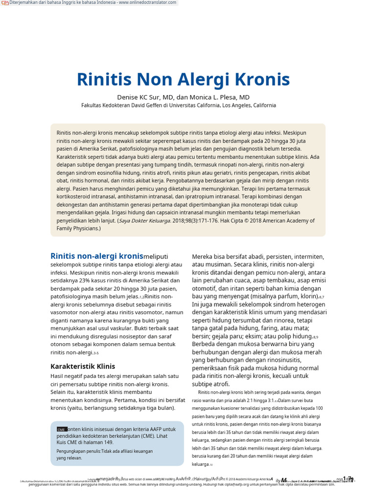 Rinitis Non Alergi Kronis: Denise KC Sur, MD, Dan Monica L. Plesa, MD | PDF
