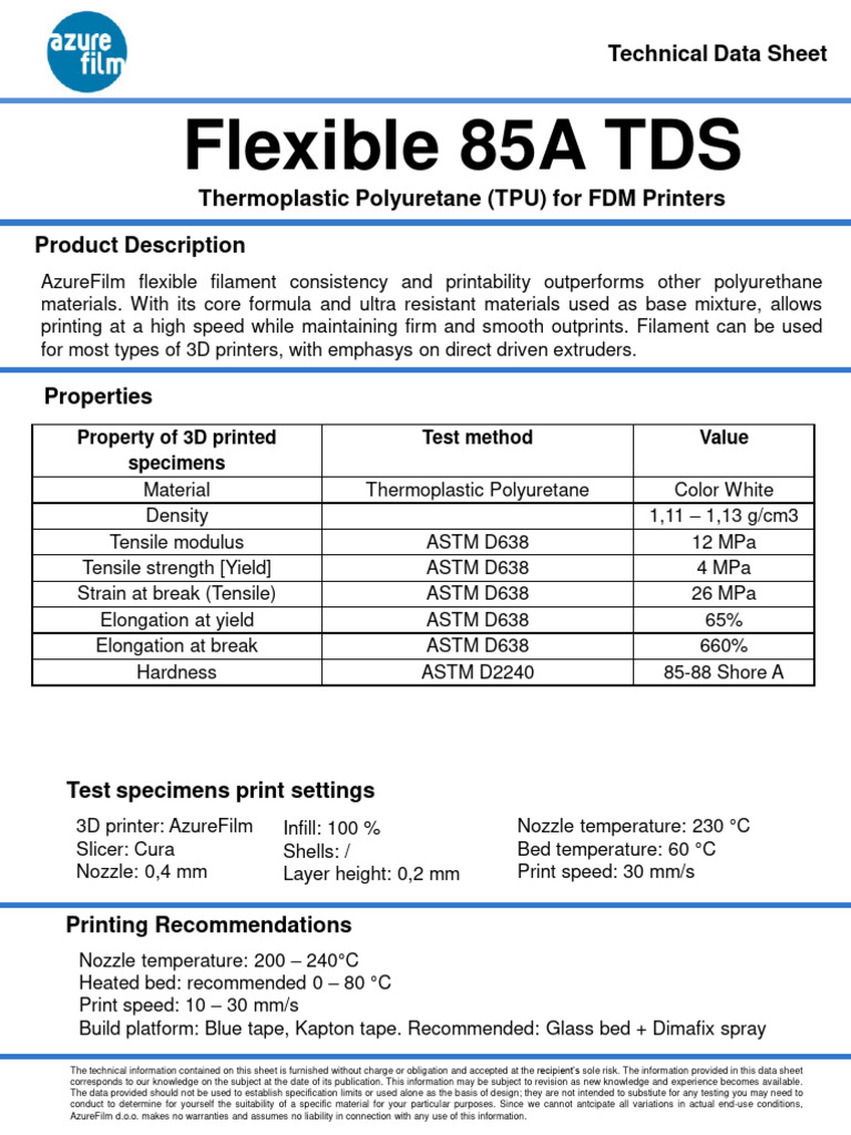 Flexible 85A TPU Filament TDS | PDF | 3 D Printing | Materials