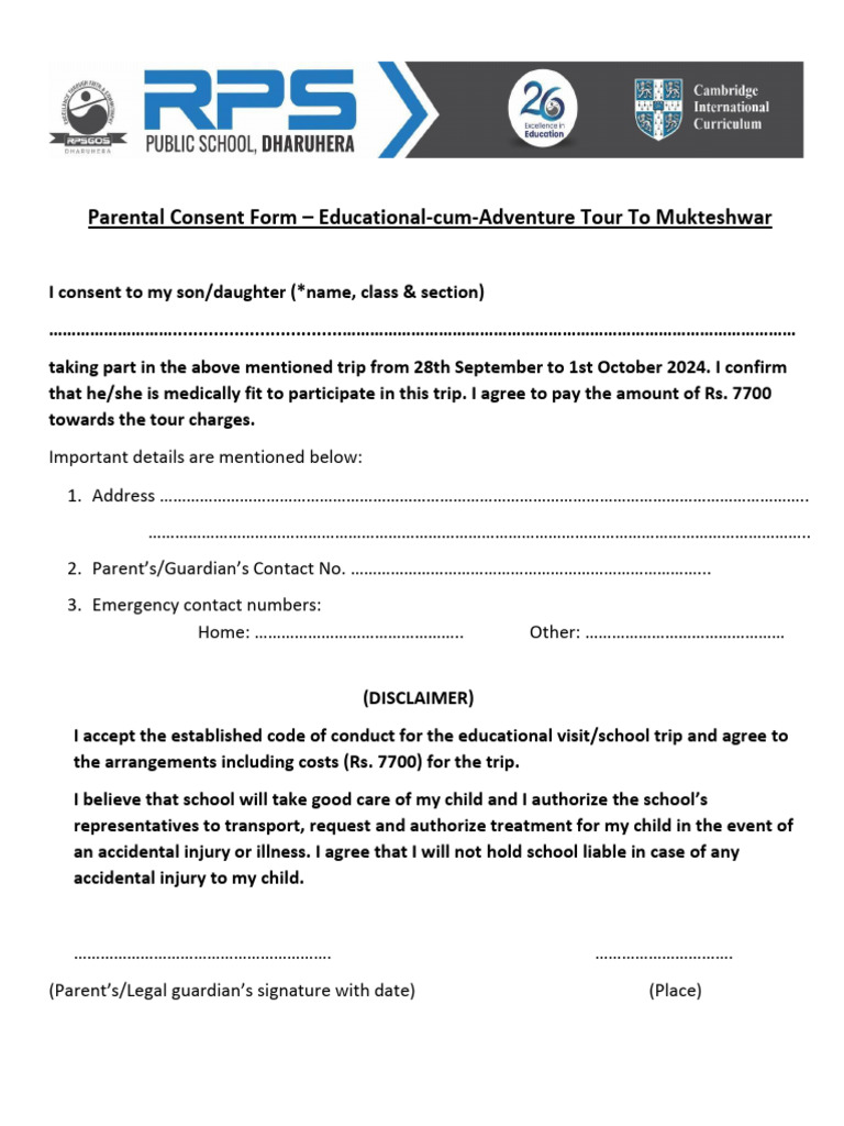 Parental Consent Form, Educational-cum-Adventure Tour | PDF