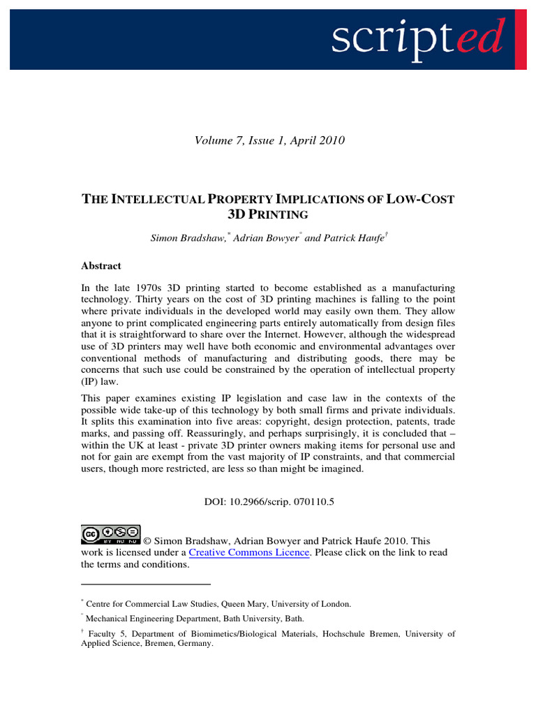 2010 The Intellectual Property Implications of Low Cost 3d Printing | PDF