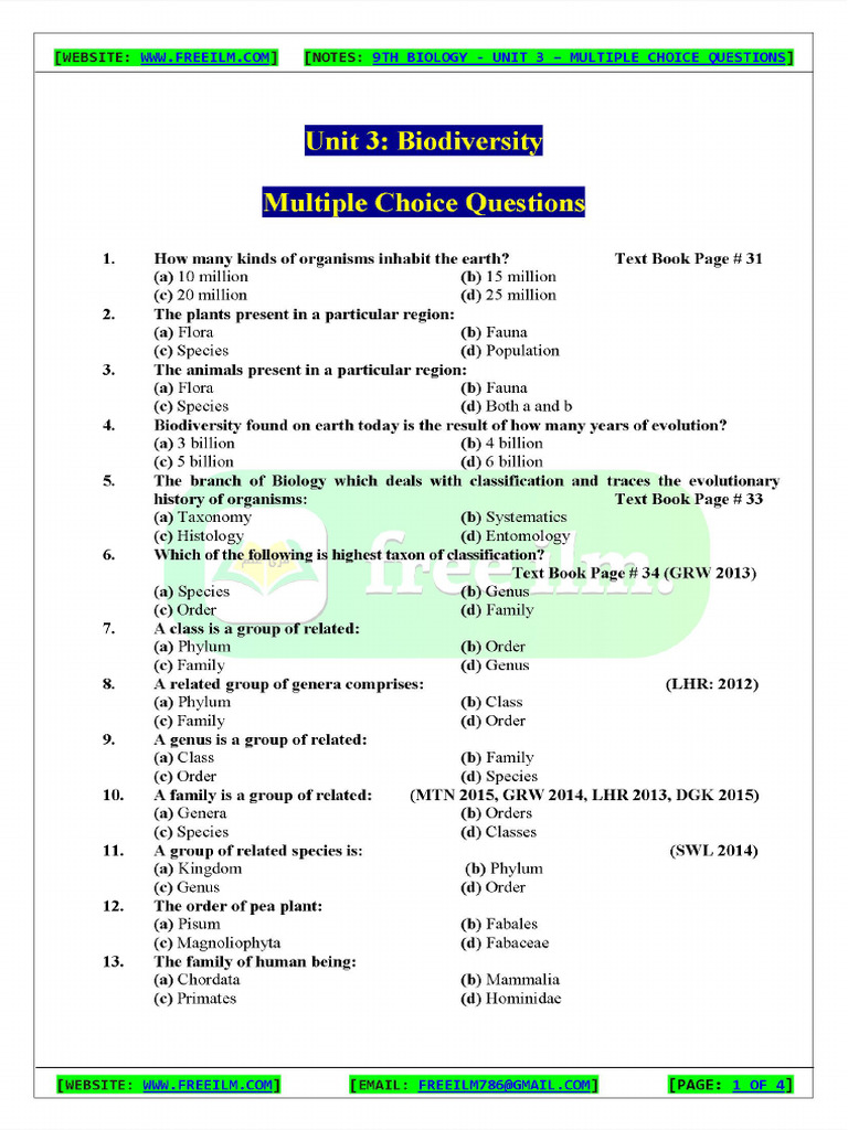 9th Bio Ch3 MCQ S | PDF