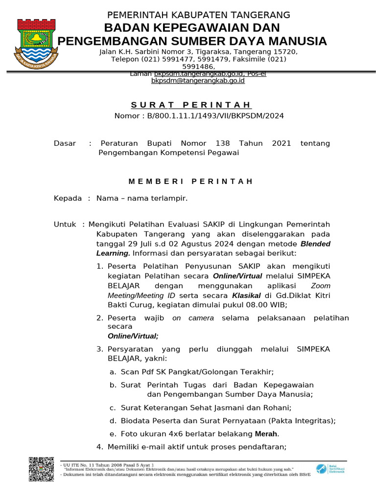 DS 1493 SP Pelatihan Evaluasi SAKIP 2024 - Sign - Sign | PDF